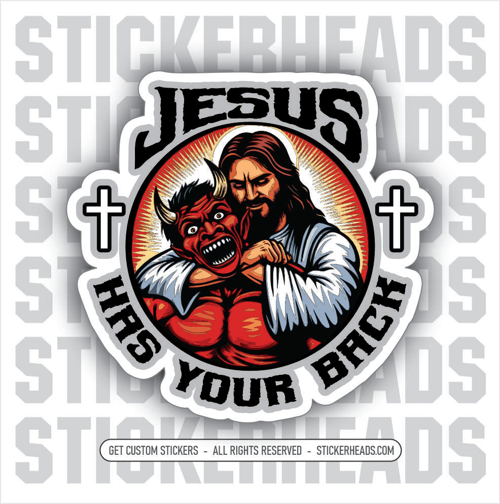 JESUS HAS YOUR BACK - DEVIL - Work Funny Sticker – Stickerheads Stickers