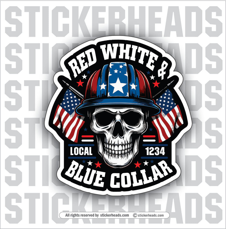 RED WHITE & BLUE COLLAR SKULL - Funny Sticker Work Union Misc ...